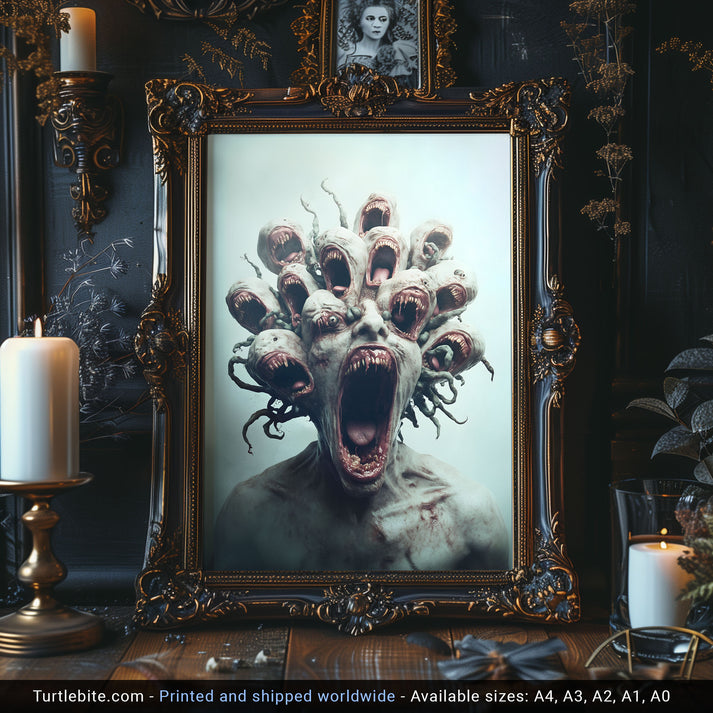 Fierce Multi-Headed Monster Print - Creepy Dark Art Poster - Extra Lar ...