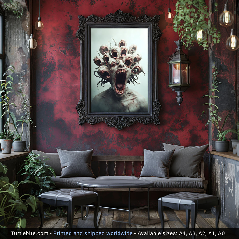 Fierce Multi-Headed Monster Print - Creepy Dark Art Poster - Extra Lar ...