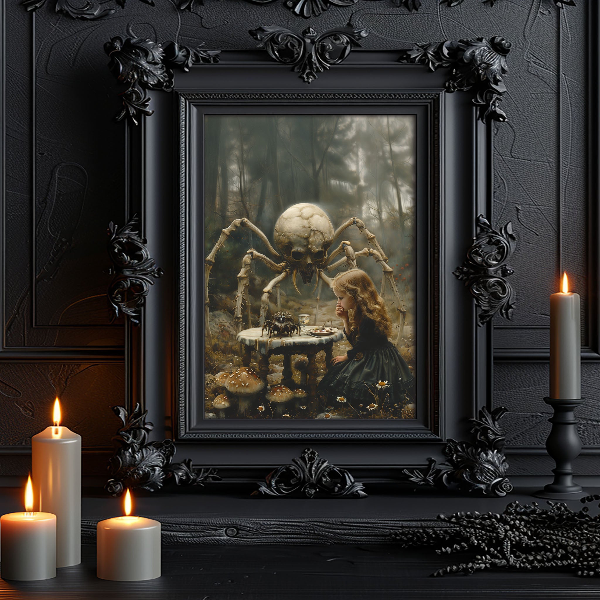 Macabre Poster of Little Girl having Dinner with Skeletal Spider ...